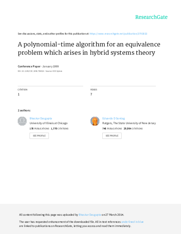 Pdf A Polynomial Time Algorithm For An Equivalence Problem Which Arises In Hybrid Systems Theory