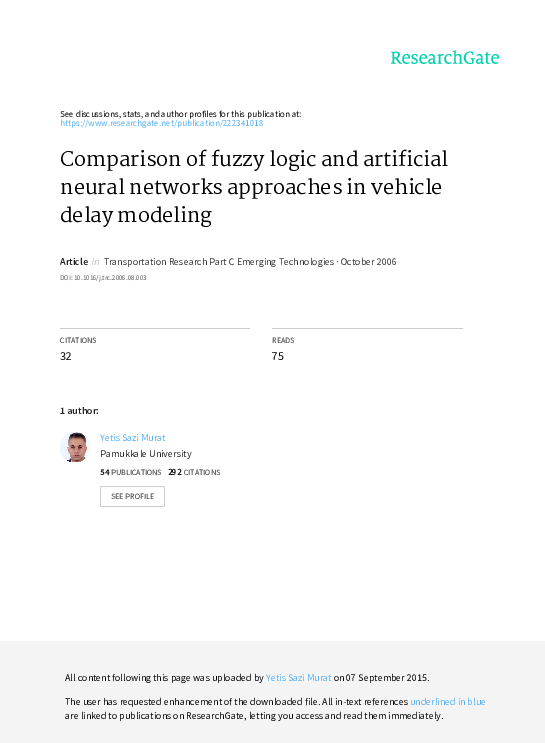 (PDF) Comparison of fuzzy logic and artificial neural networks approaches in vehicle delay modeling