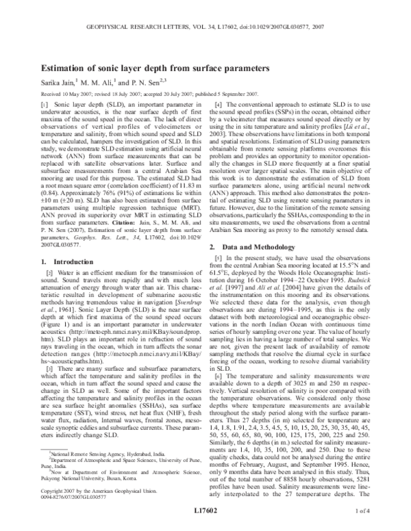 Pdf Estimation Of Sonic Layer Depth From Surface Parameters