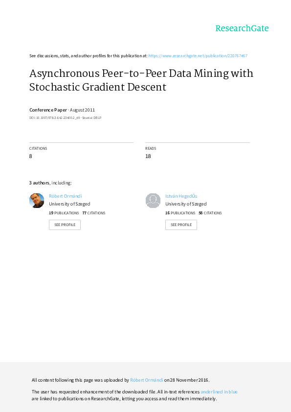 Pdf Asynchronous Peer To Peer Data Mining With Stochastic Gradient Descent