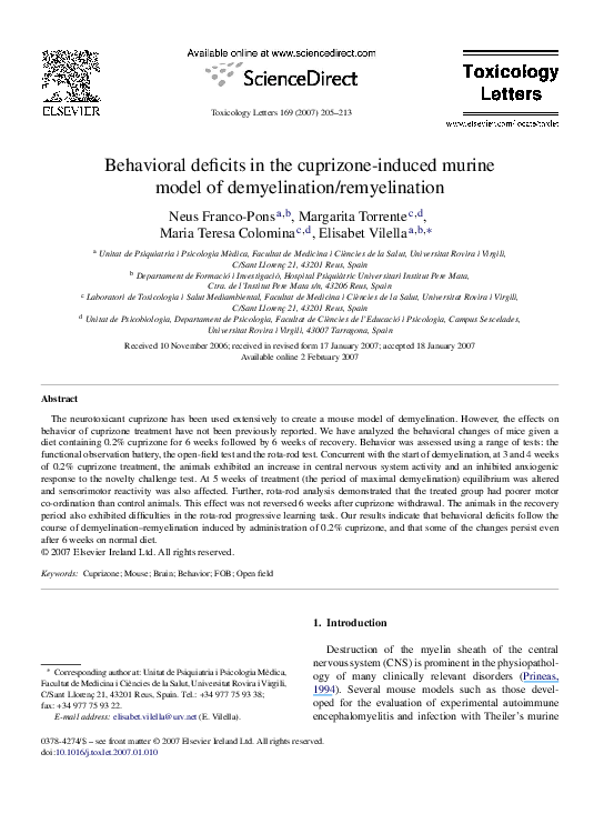 (PDF) Behavioral deficits in the cuprizone-induced murine model of ...