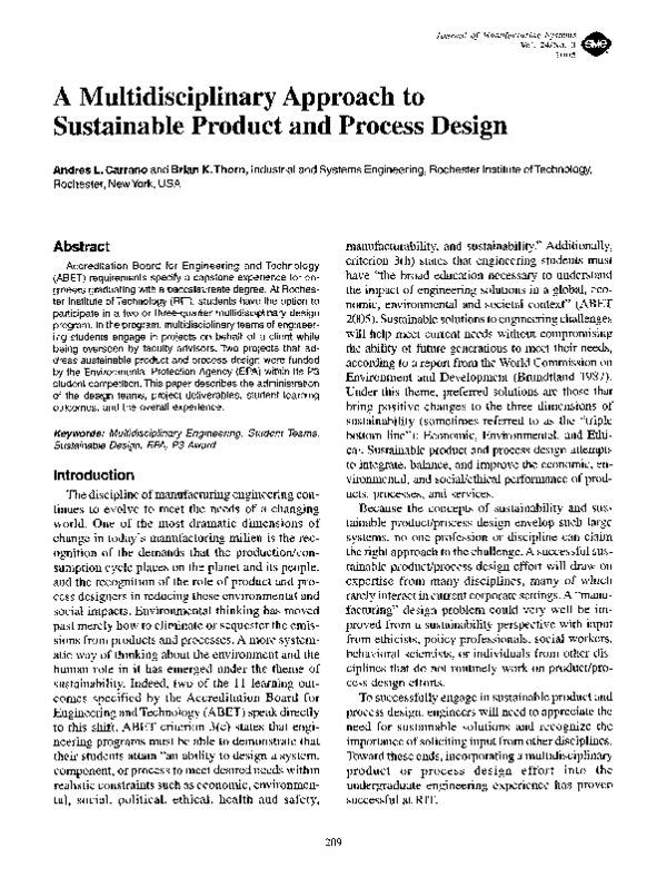 (PDF) A multidisciplinary approach to sustainable product and process ...