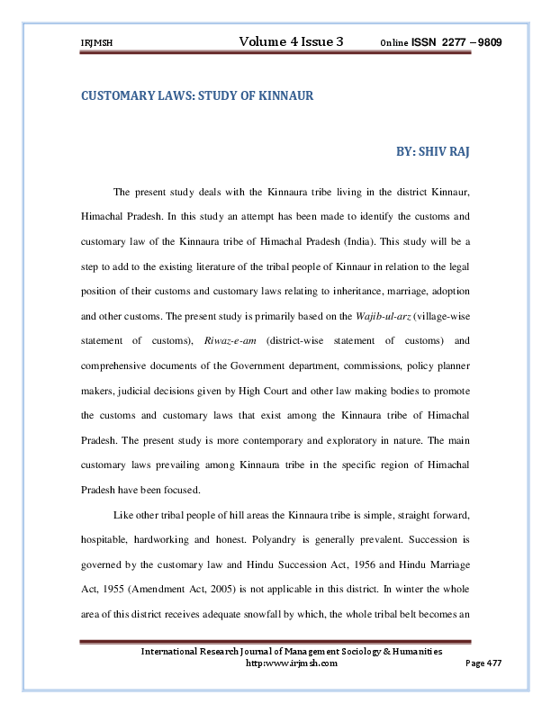 (PDF) Customary Laws: Study of Kinnaur