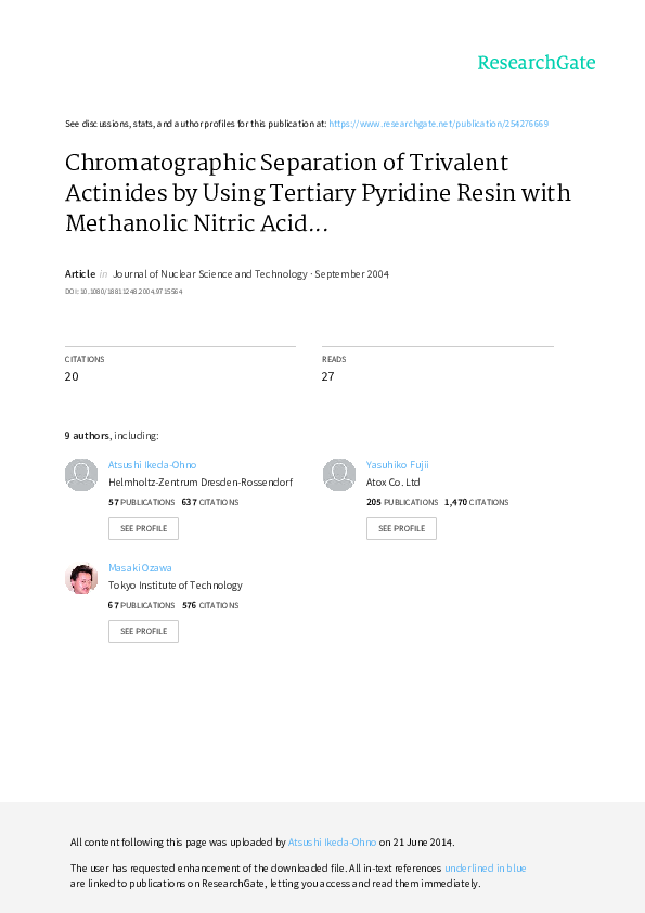 Pdf Chromatographic Separation Of Trivalent Actinides By Using Tertiary Pyridine Resin With