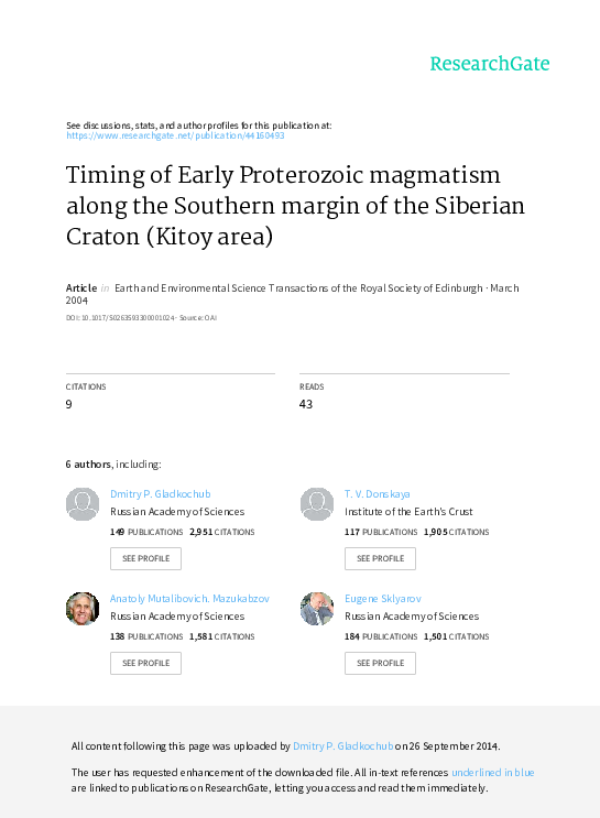 (PDF) Timing of Early Proterozoic magmatism along the Southern margin of the Siberian Craton ...