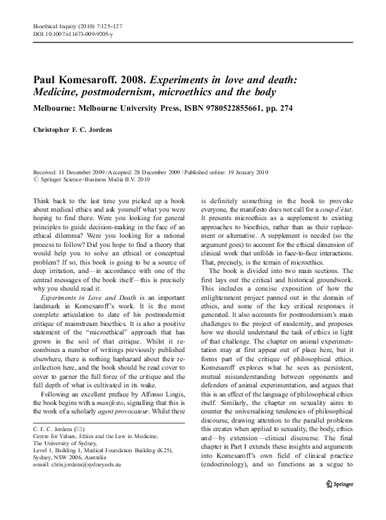 (PDF) Paul Komesaroff. 2008. Experiments in love and death: Medicine ...