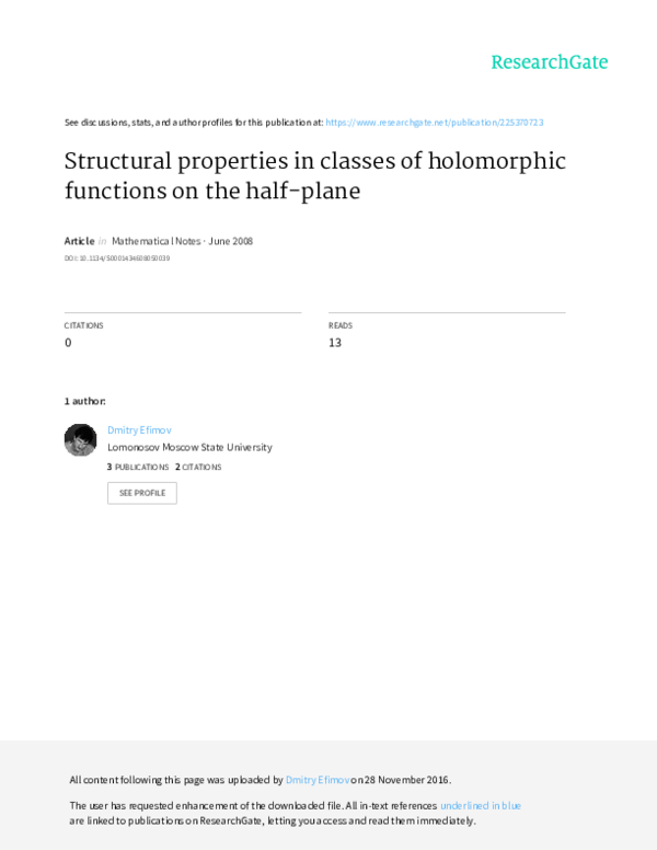 (PDF) Structural properties in classes of holomorphic functions on the half-plane