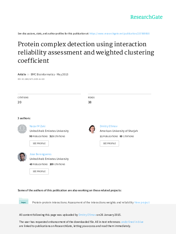 (PDF) Protein complex detection using interaction reliability assessment and weighted clustering ...