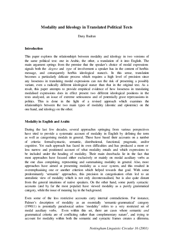 (PDF) Modality and Ideology in Translated Political Texts