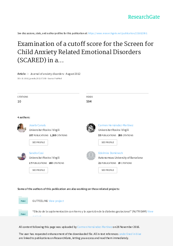 (PDF) Examination of a Cutoff Score for the Screen for Child Anxiety Related Emotional Disorders ...