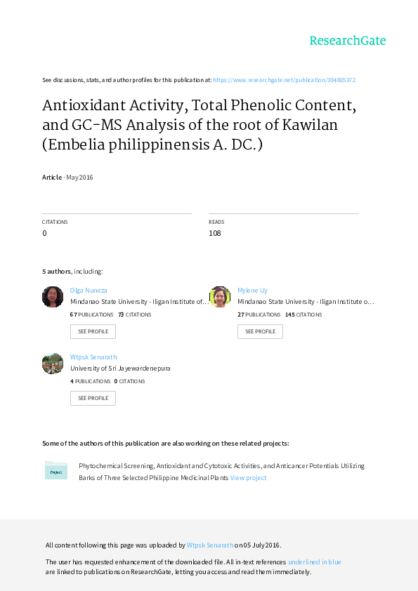 (PDF) Antioxidant Activity, Total Phenolic Content, and GC-MS Analysis of the root of Kawilan ...