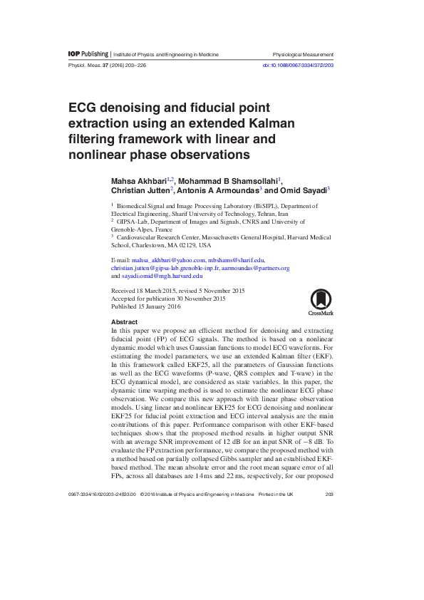 Pdf Ecg Denoising And Fiducial Point Extraction Using An Extended Kalman Filtering Framework