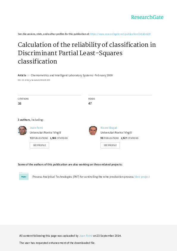 (PDF) Calculation of the reliability of classification in discriminant partial least-squares ...