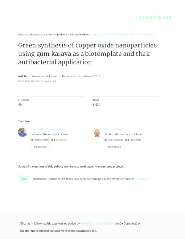 (PDF) Green synthesis of copper oxide nanoparticles using gum karaya as ...