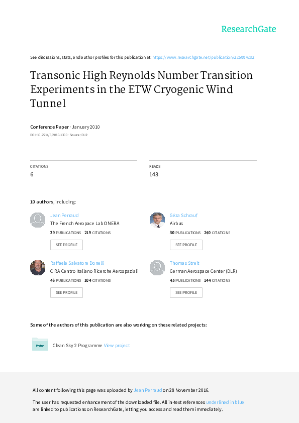 (PDF) Transonic High Reynolds Number Transition Experiments in the ETW Cryogenic Wind Tunnel