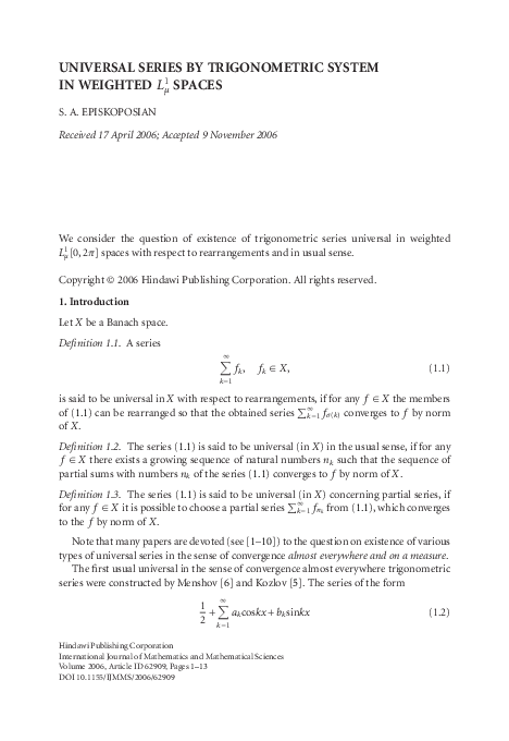 Pdf Universal Series By Trigonometric System In Weighted Lμ1 Spaces