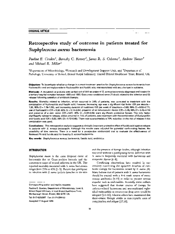 (PDF) Retrospective study of outcome in patients treated for Staphylococcus aureus bacteremia