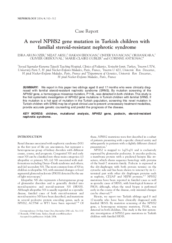 (PDF) Case Report. A novel NPHS2 gene mutation in Turkish children with ...