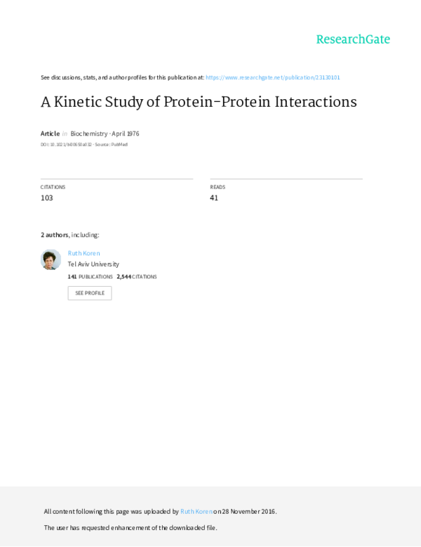(PDF) A kinetic study of protein-protein interactions | Ruth Koren ...