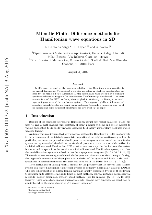 Pdf Symplectic Mimetic Finite Difference Methods For Hamiltonian Wave Equations In 2d