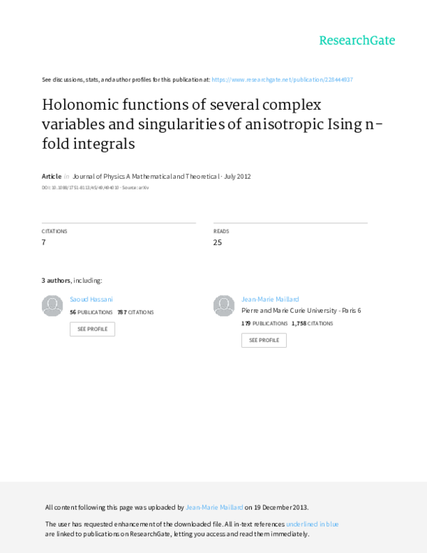 (PDF) Holonomic functions of several complex variables and singularities of anisotropic Ising n ...