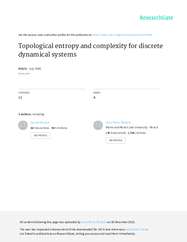 (PDF) Topological entropy and complexity for discrete dynamical systems