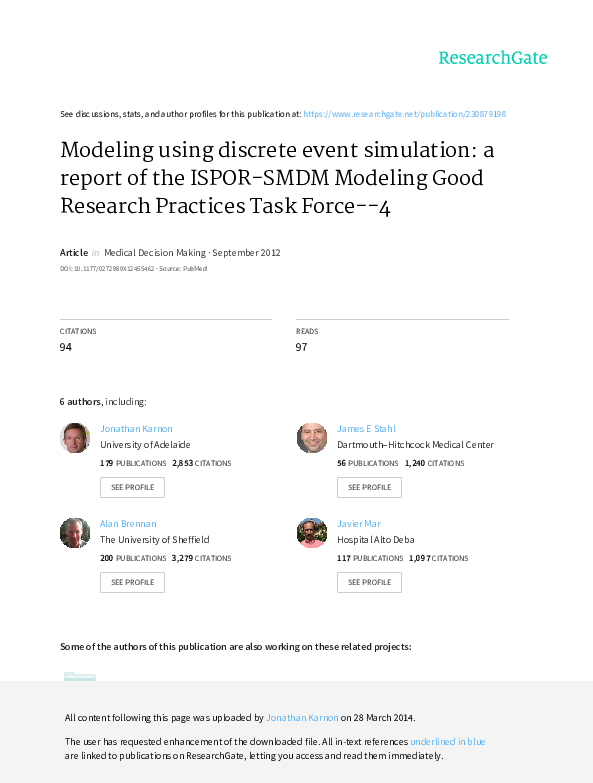 (PDF) Modeling Using Discrete Event Simulation: A Report of the ISPOR-SMDM Modeling Good ...