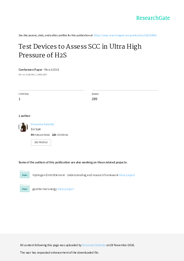 (PDF) Test Devices to Assess SCC in Ultra High Pressure of H2S ...