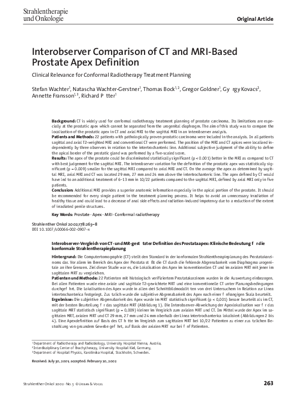 (PDF) Interobserver Comparison of CT and MRI-Based Prostate Apex Definition
