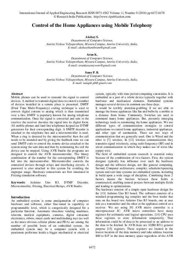 (PDF) Control of the Home Appliances using Mobile Telephony