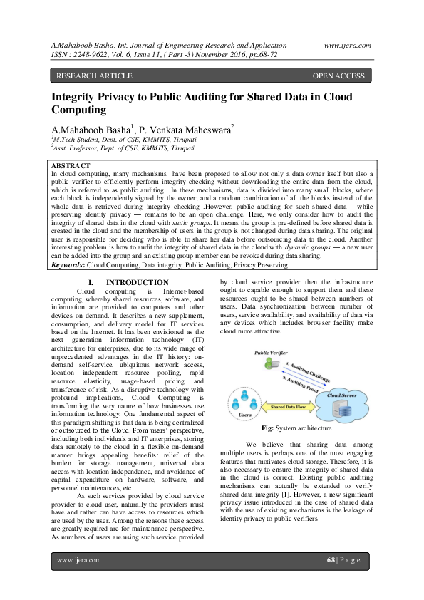 Pdf Integrity Privacy To Public Auditing For Shared Data In Cloud Computing