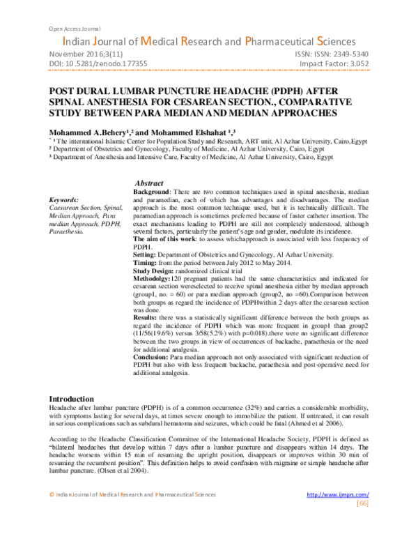 (PDF) POST DURAL LUMBAR PUNCTURE HEADACHE (PDPH) AFTER SPINAL ...