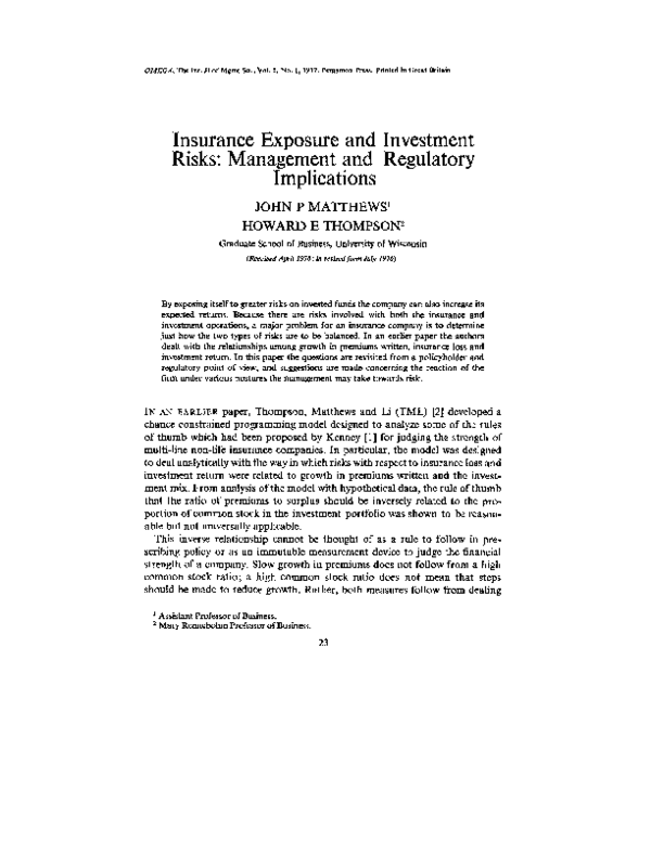 (PDF) Insurance exposure and investment risks: Management and ...
