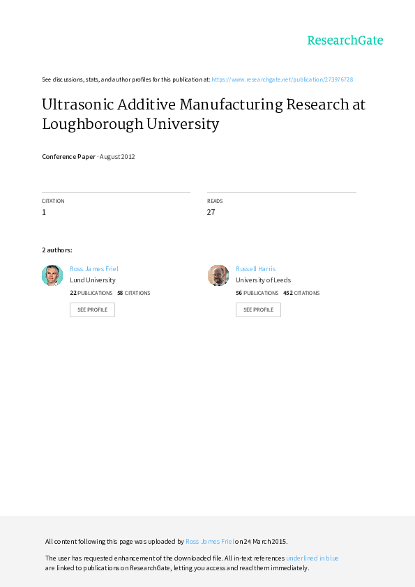 (PDF) Ultrasonic Additive Manufacturing Research at Loughborough University