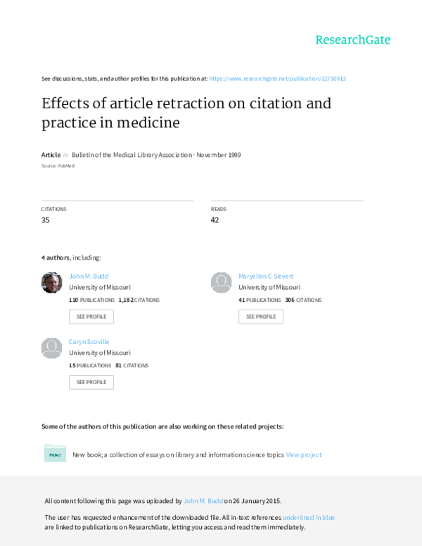 (PDF) Effects of article retraction on citation and practice in medicine