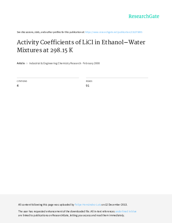 (PDF) Activity Coefficients of LiCl in Ethanol−Water Mixtures at 298.15 K