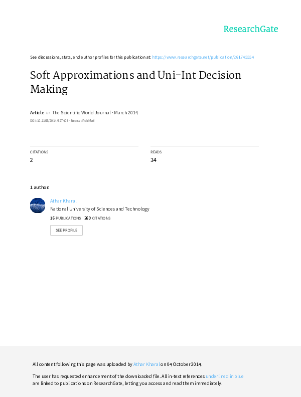 (PDF) Soft Approximations and uni-int Decision Making