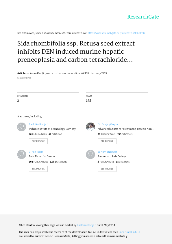 (PDF) Sida rhombifolia ssp. retusa seed extract inhibits DEN induced murine hepatic preneoplasia ...