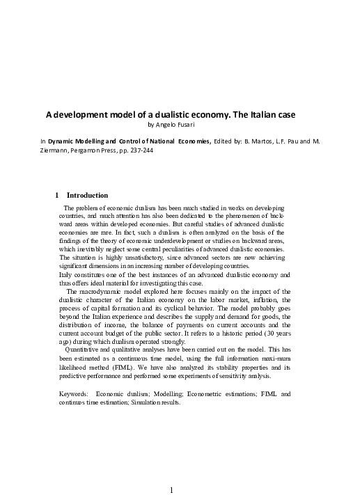 (PDF) A development model of a dualistic economy. The Italian case