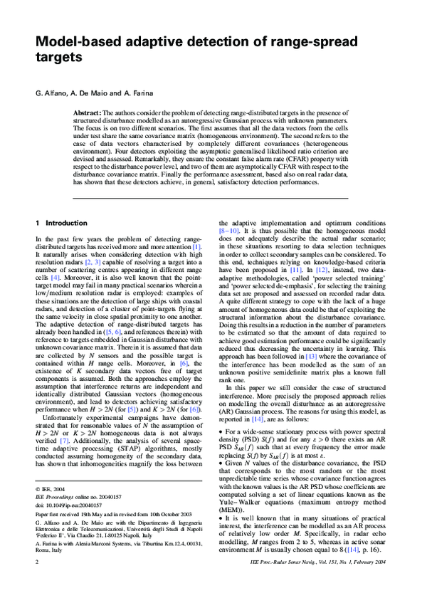 Pdf Model Based Adaptive Detection Of Range Spread Targets