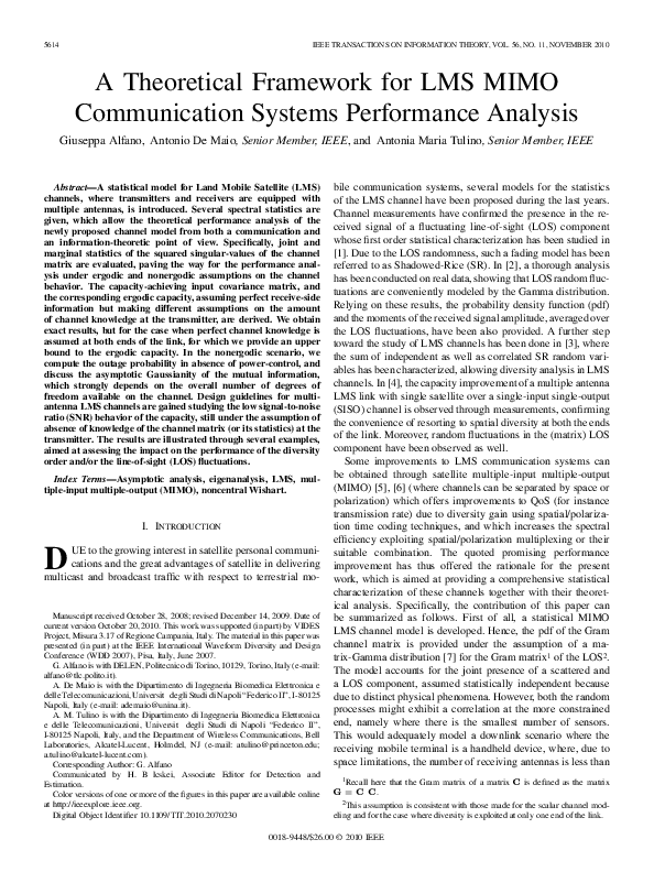 Pdf A Theoretical Framework For Lms Mimo Communication Systems Performance Analysis