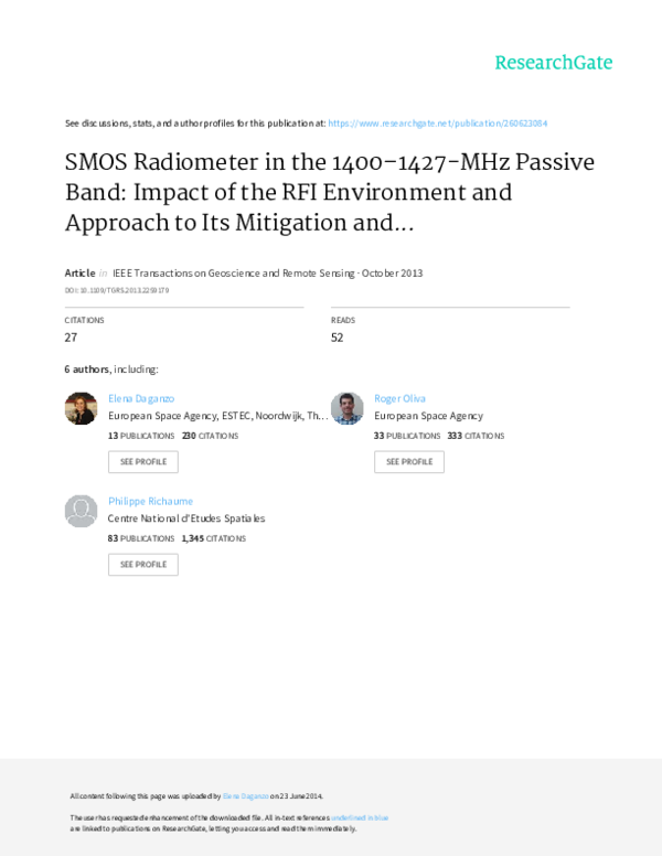 (PDF) SMOS Radiometer in the 1400–1427-MHz Passive Band: Impact of the RFI Environment and ...