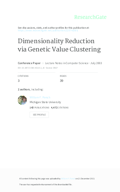Pdf Dimensionality Reduction Via Genetic Value Clustering Alexander Topchy