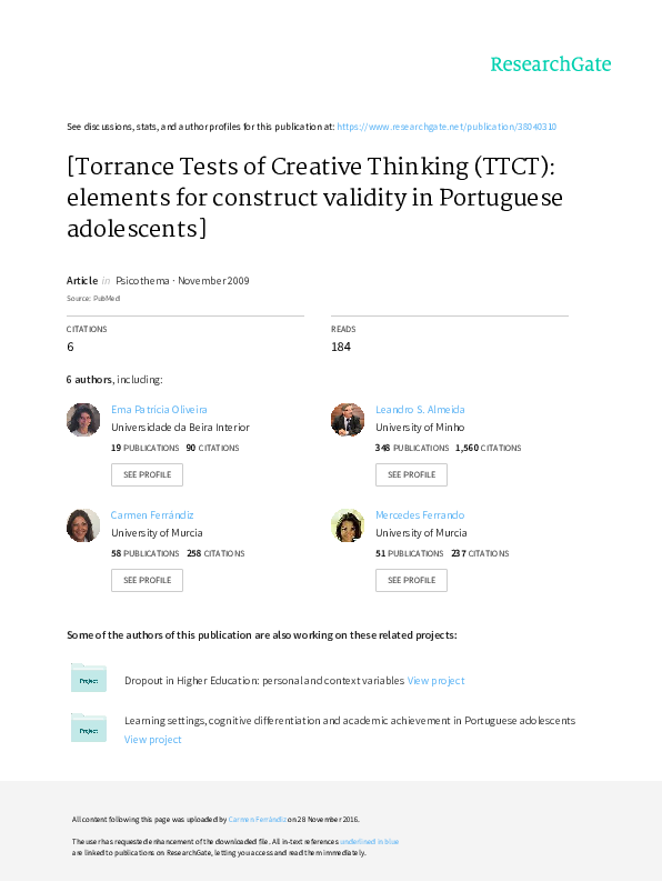 (PDF) [Torrance Tests of Creative Thinking (TTCT): elements for ...