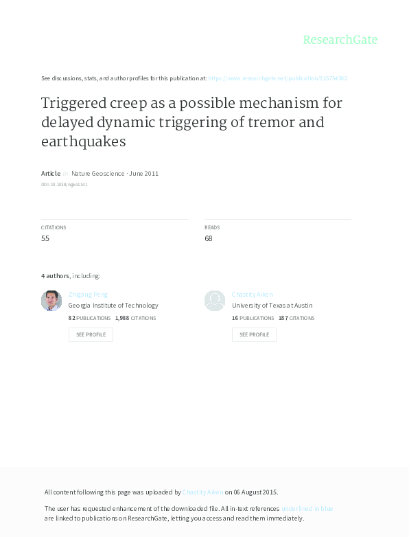(PDF) Triggered creep as a possible mechanism for delayed dynamic triggering of tremor and ...