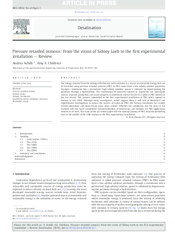 (PDF) Pressure retarded osmosis: From the vision of Sidney Loeb to the ...