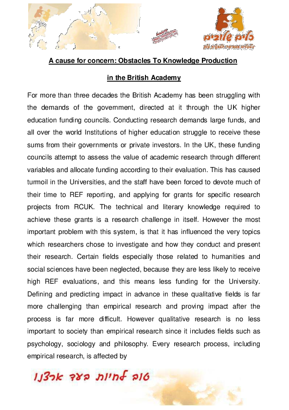A cause for concern: Obstacles To Knowledge Production in the British ...