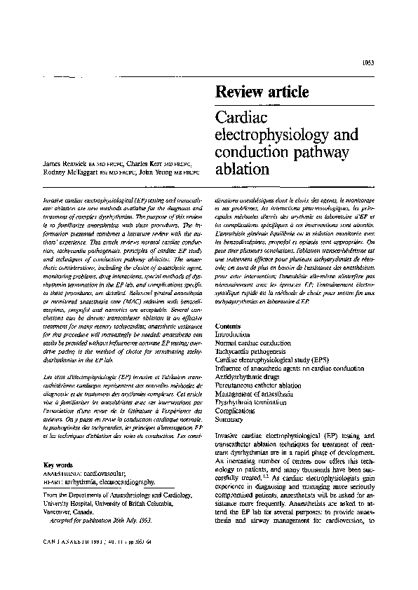 (PDF) Cardiac electrophysiology and conduction pathway ablation