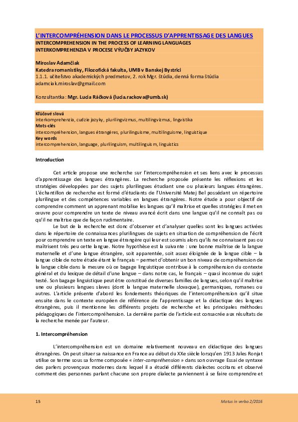 (PDF) L'INTERCOMPRÉHENSION DANS LE PROCESSUS D'APPRENTISSAGE DES ...