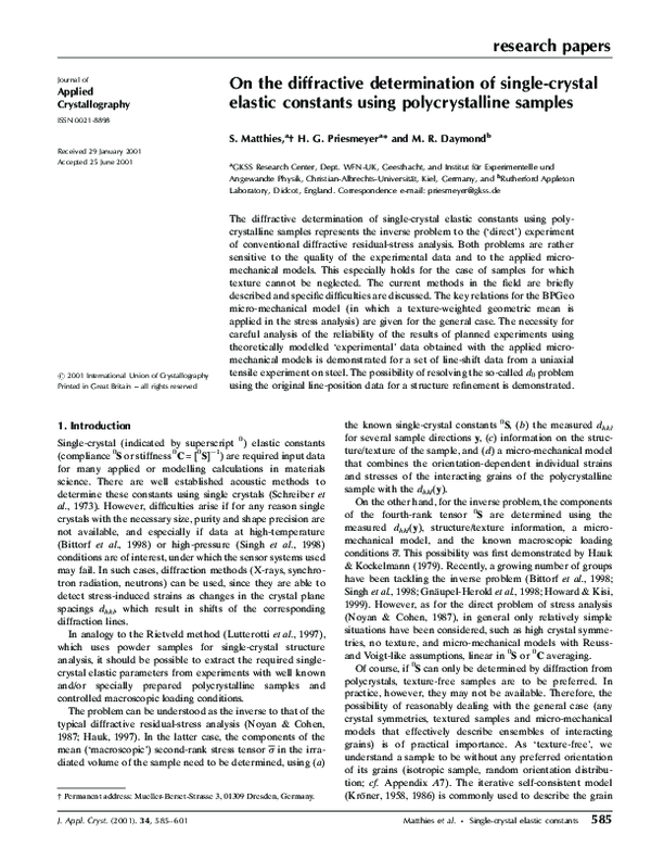 (PDF) On the diffractive determination of single-crystal elastic constants using polycrystalline ...